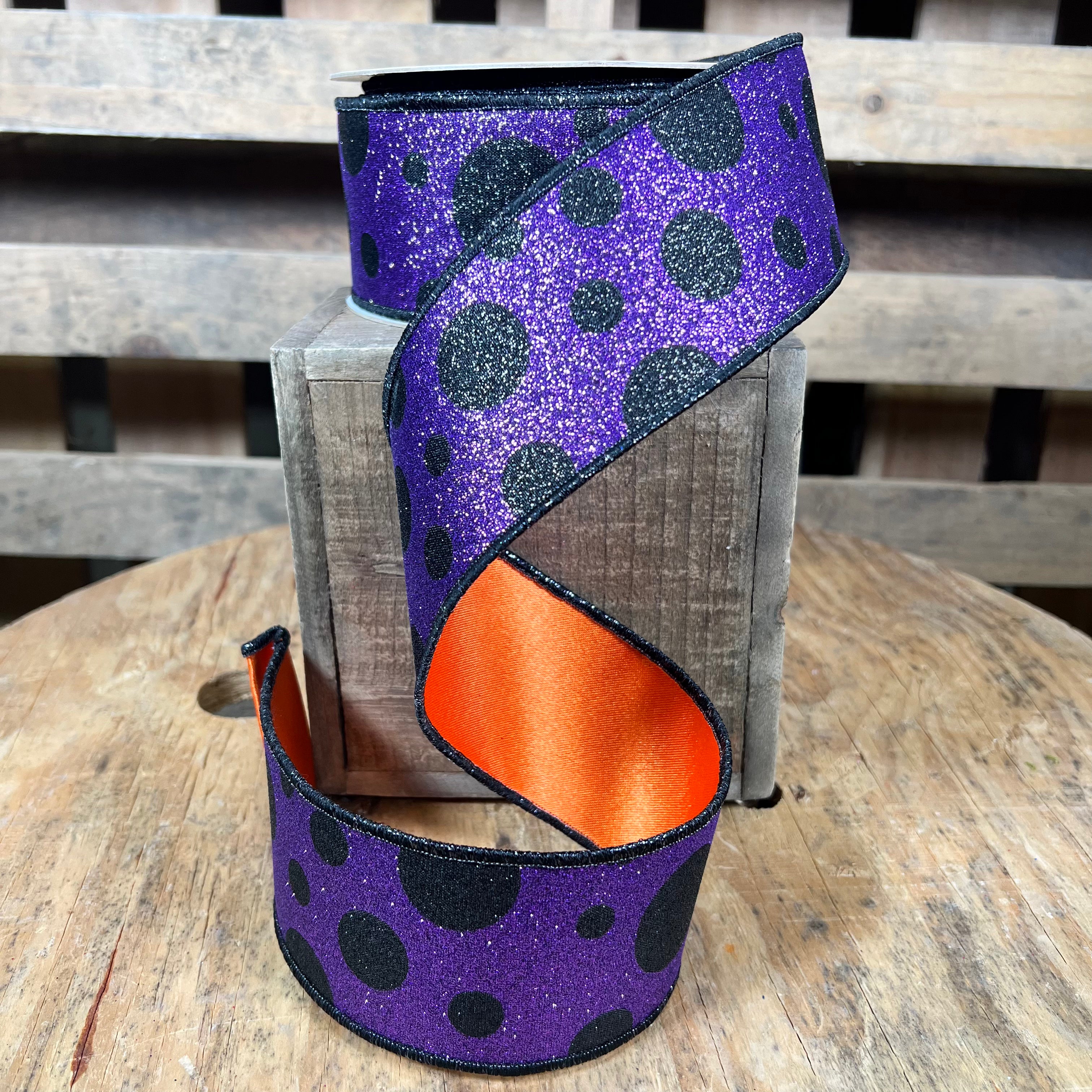 2.5” x 10yd Black and purple glitter dot double sided d’lux ribbon - L ...