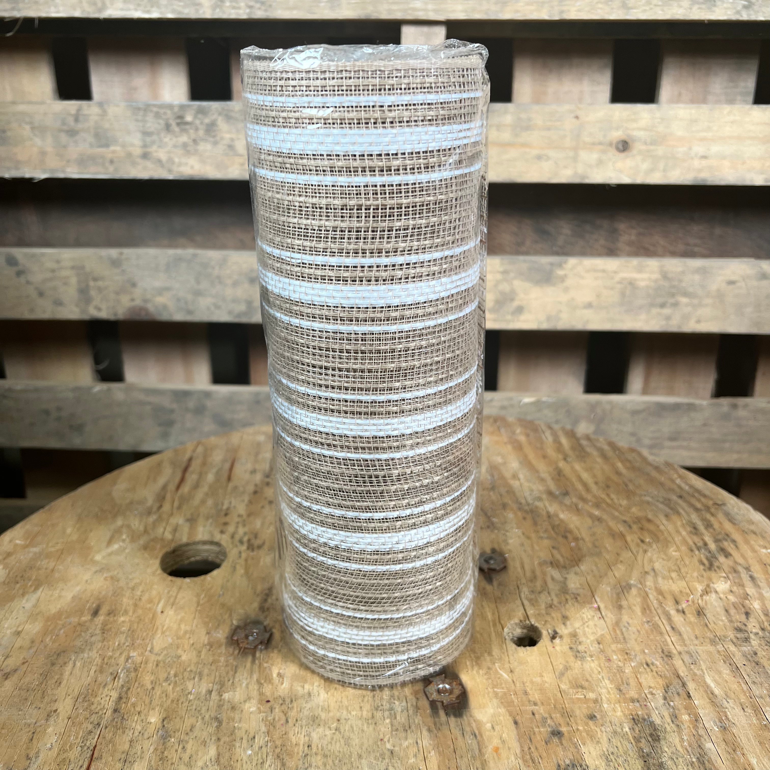 10" x 10Y tan farmhouse jute stripe mesh - RY834448 – MB Crafts