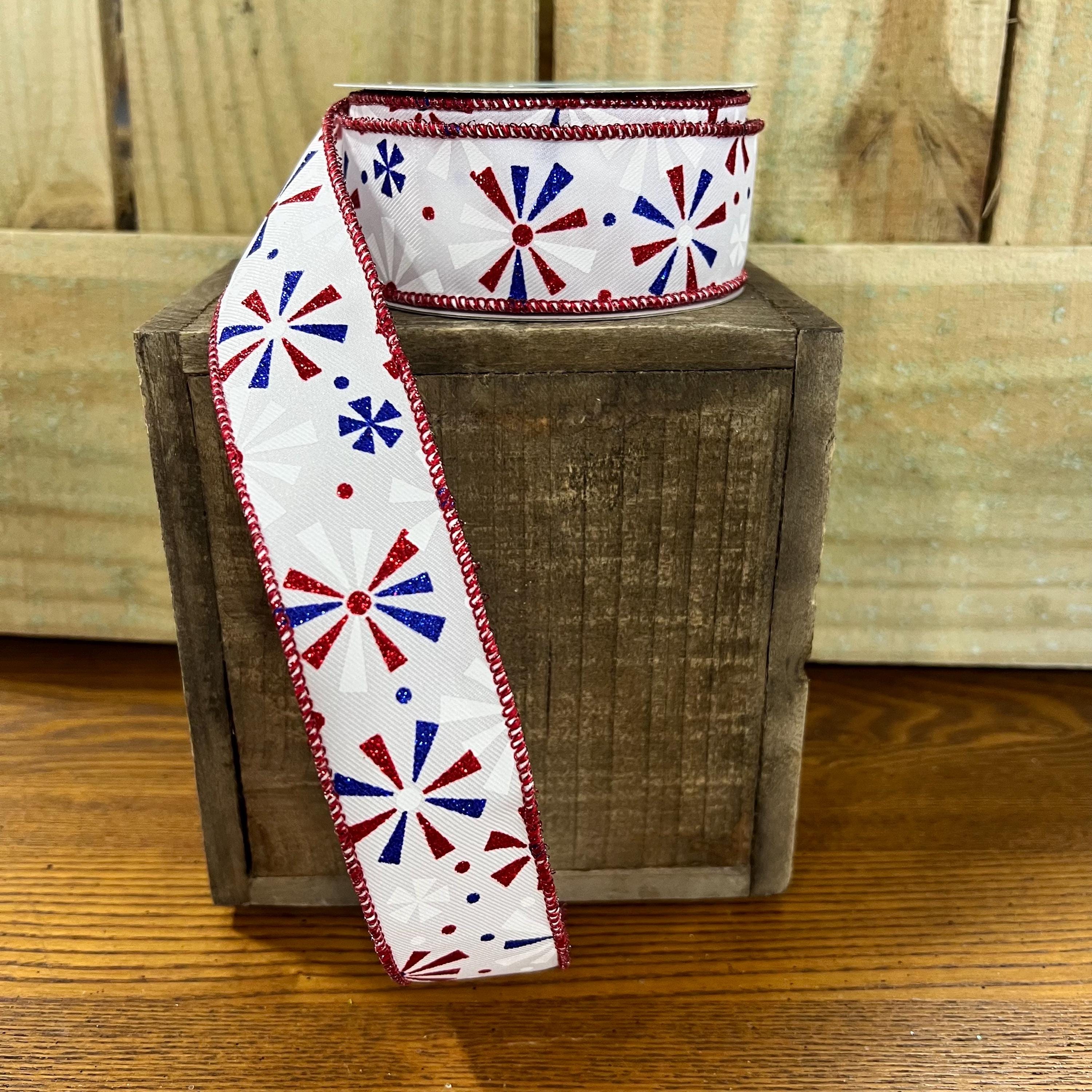 1.5" x 10Y patriotic pinwheels Wired Ribbon, wreath making supplies, P ...